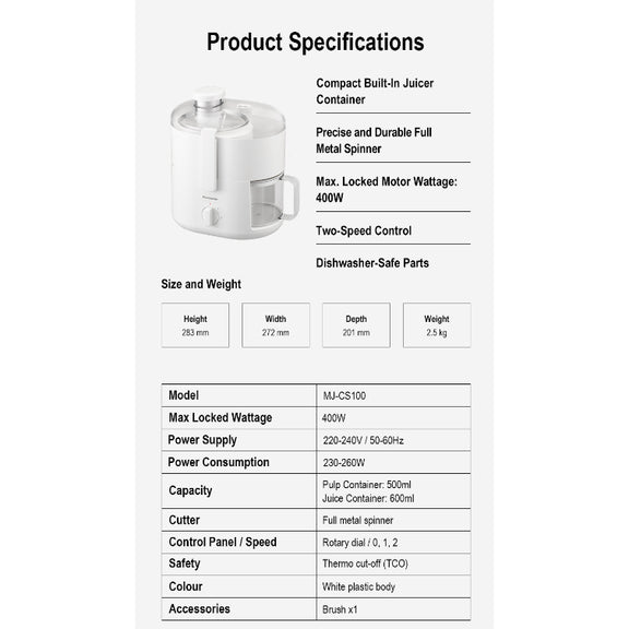 Panasonic Centrifugal Compact Juicer MJ-CS100WSP // Full Metal Spinner ...